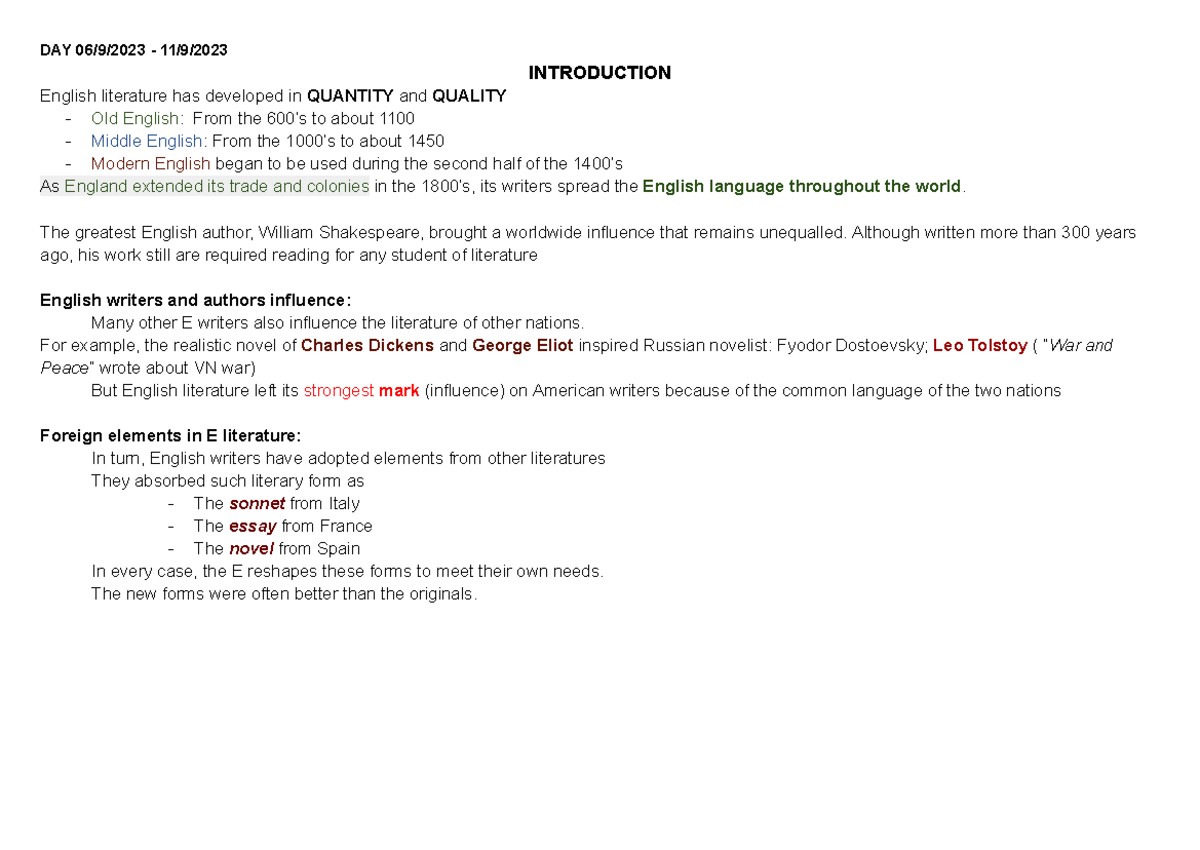 ENG 101: Overview of English Literature from Old to Modern - Studocu