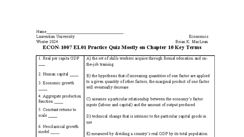 ECON-1007 Winter 2024 Chapter 10 Key Terms Practice Quiz - Studocu