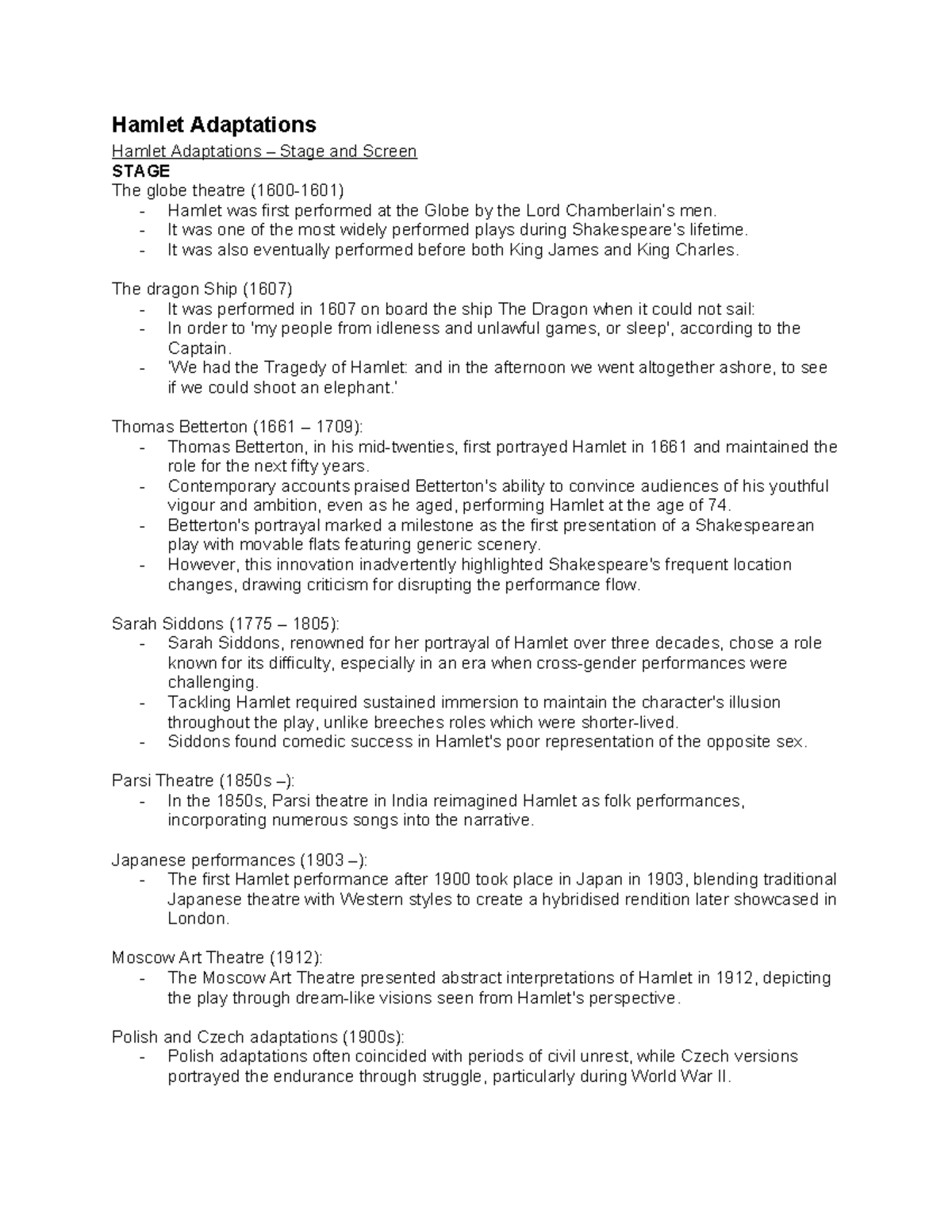 Hamlet AO5 Adaptations: Stage and Screen Analysis Guide - Studocu