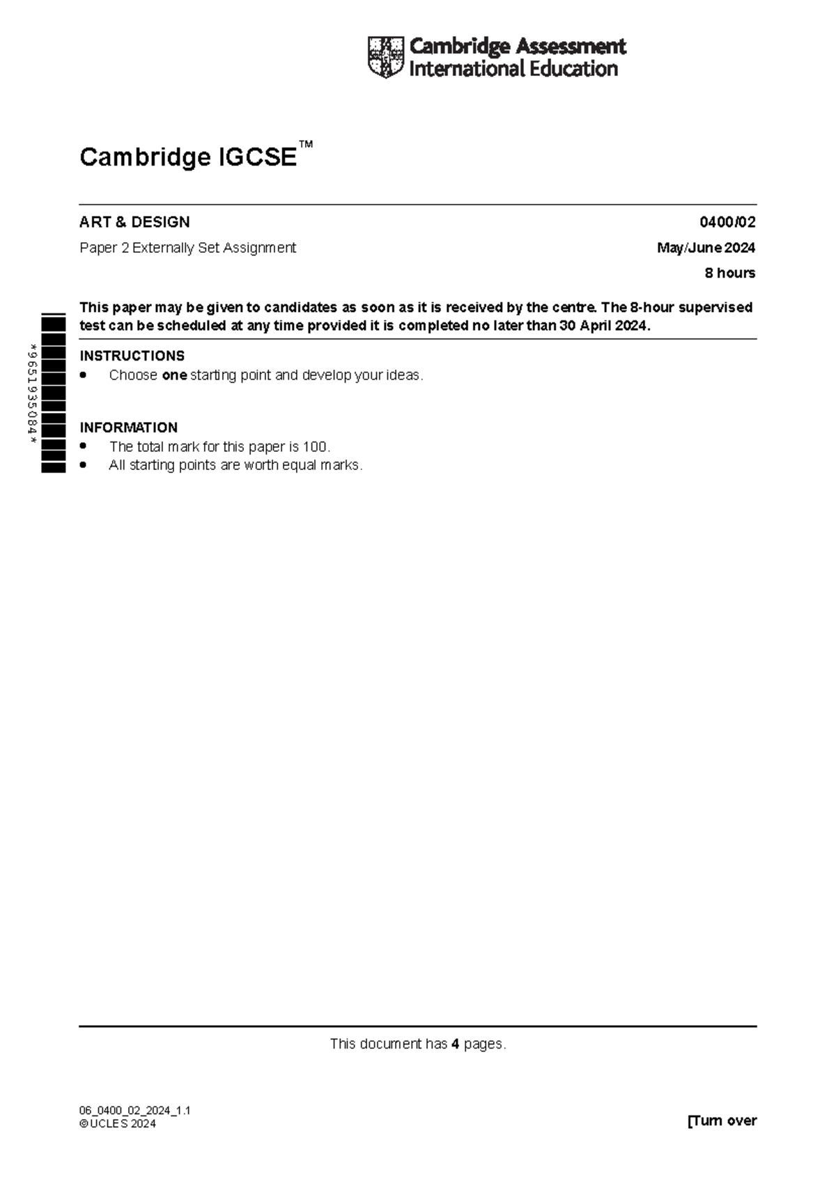 IGCSE Art & Design Paper 2 Externally Set Assignment 2024 (0400/02 ...