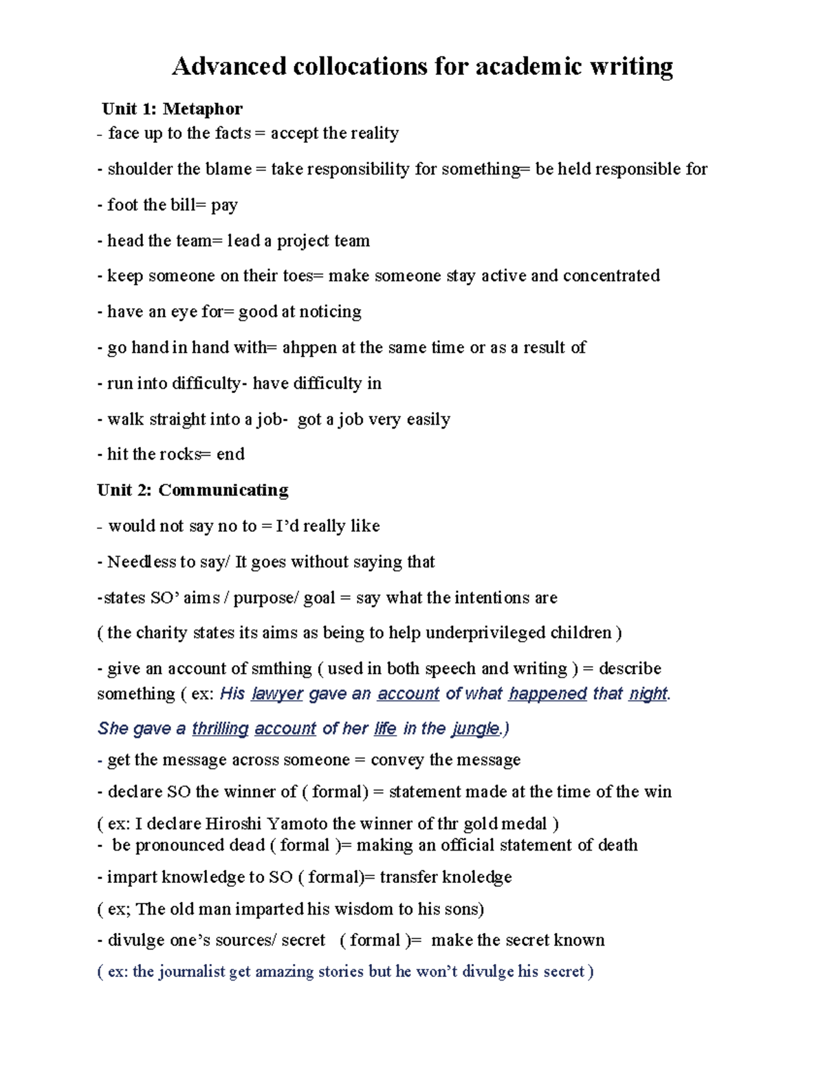 Advanced Collocations for Academic Writing: Units 1-6 Overview - Studocu