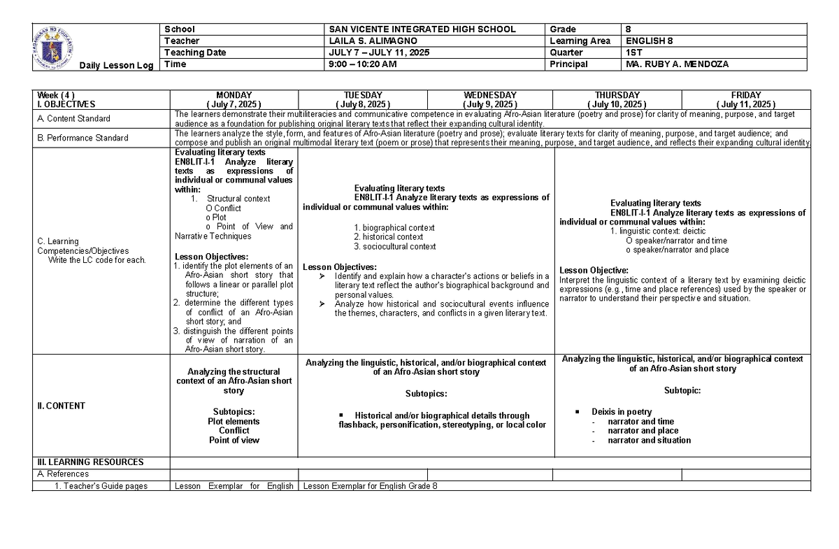 Daily Lesson Log Week 3: English 8 Quarter 1 Objectives and Activities ...