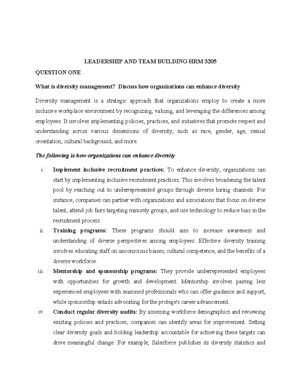 Leadership and Team Building HRM 3205 CAT: Diversity Management ...