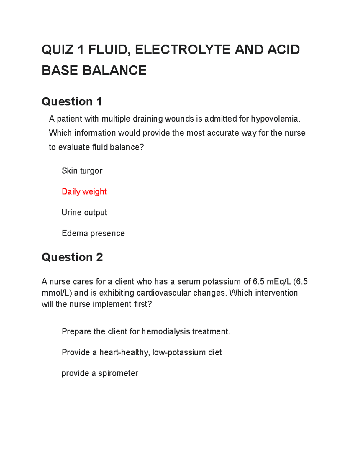 QUIZ 1 Fluid, Electrolyte AND ACID BASE Balance - QUIZ 1 FLUID ...