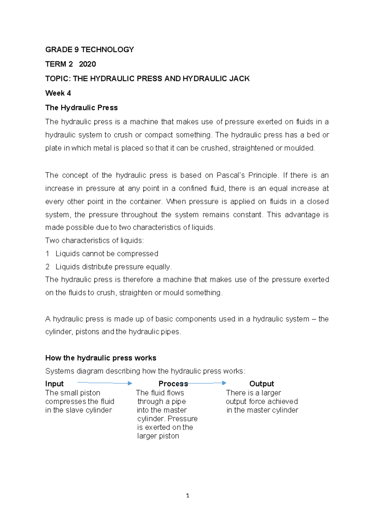 GRADE 9 TECHNOLOGY TERM 2 WEEK 4 NOTES: HYDRAULIC PRESS & JACK - Studocu