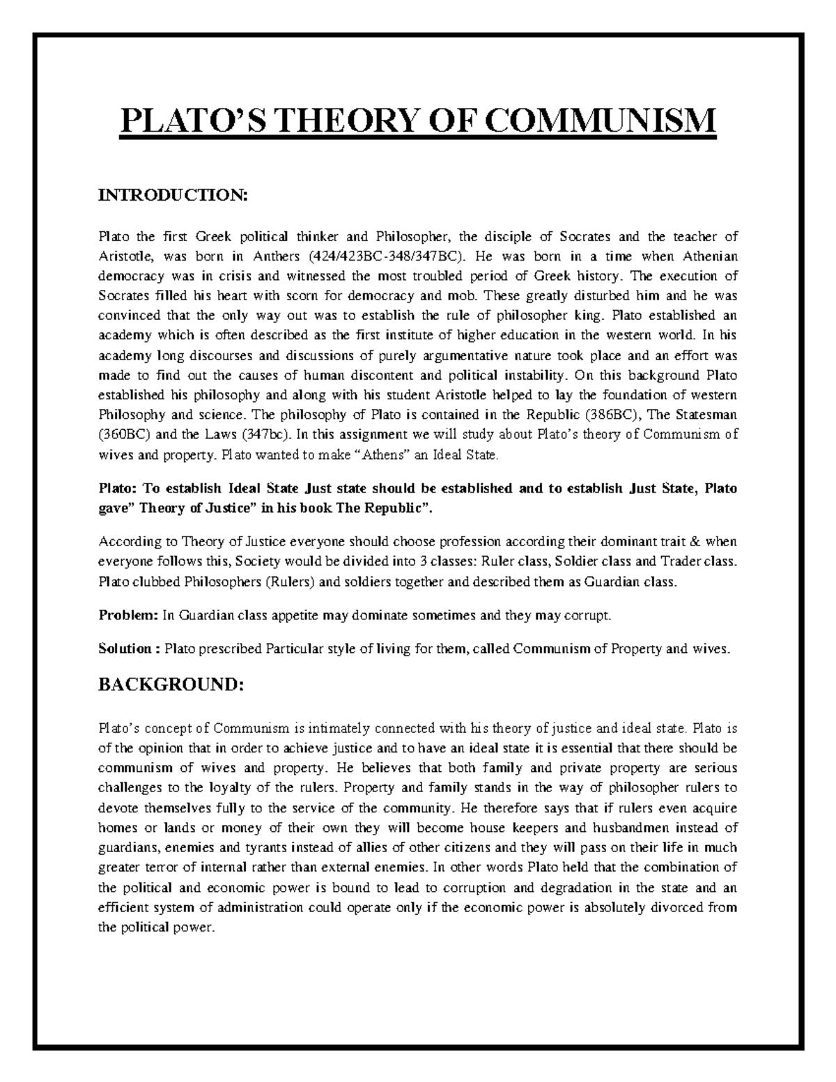 Plato’s Communism Theory: Insights and Critiques (688783510) - Studocu