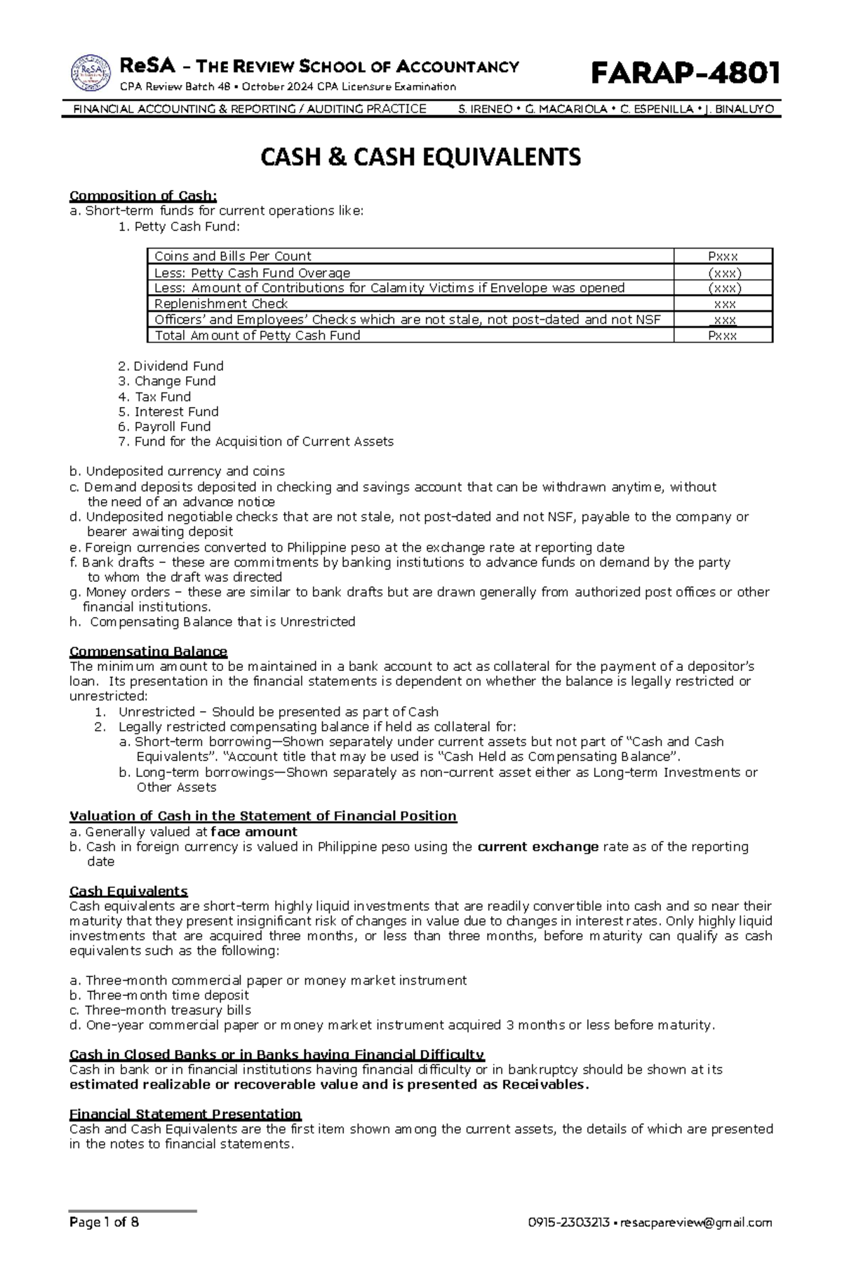 ReSA 4801: Cash & Cash Equivalents Review for CPA Exam 2024 - Studocu