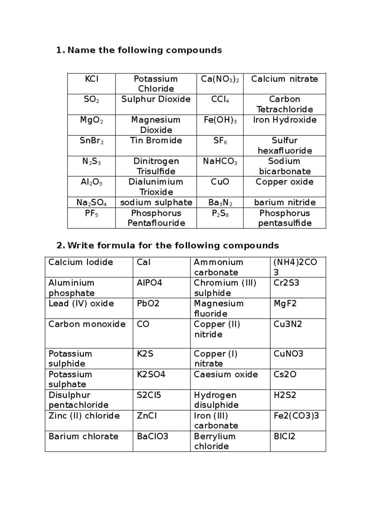 Homework Sheet 5: Naming and Writing Chemical Formulas - Studocu