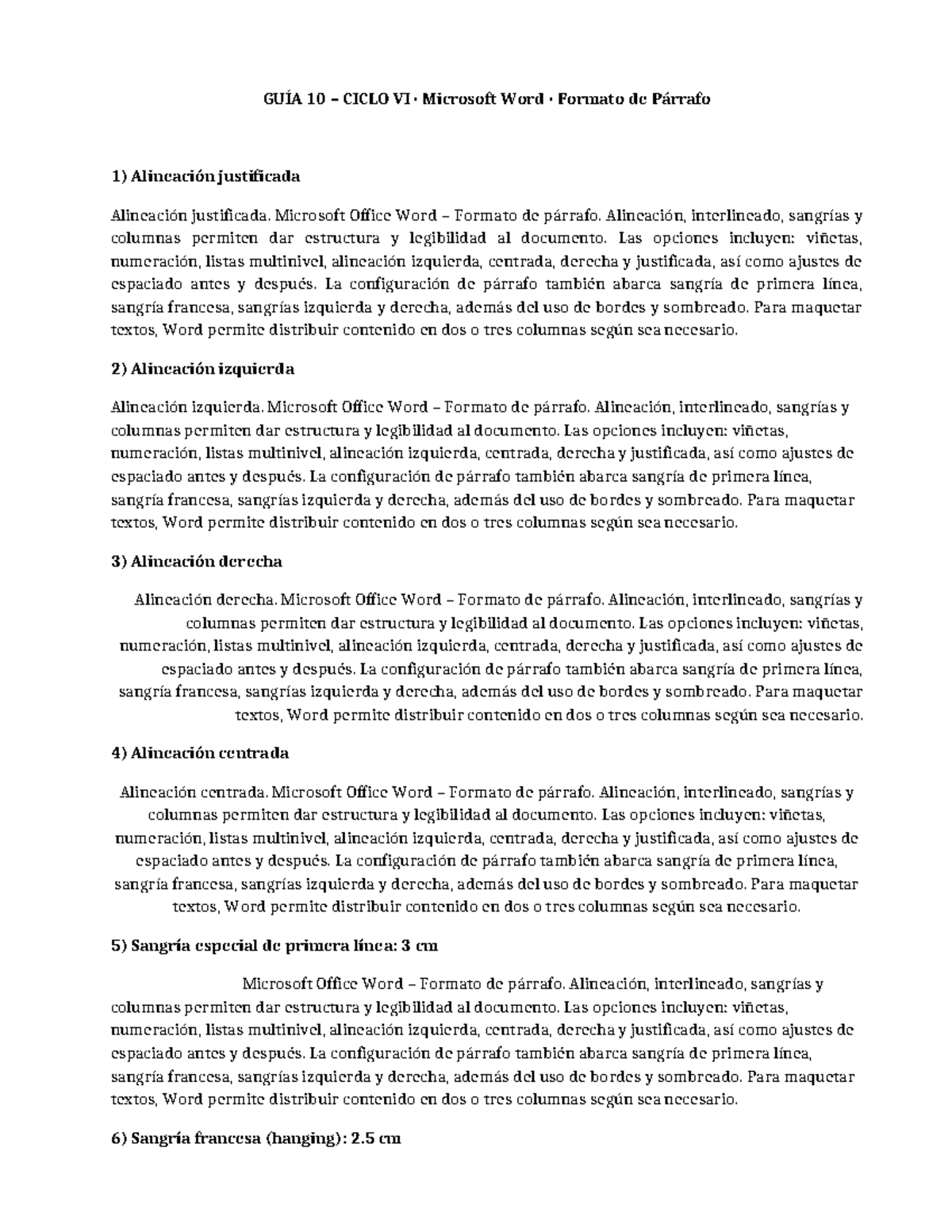 GUÍA 10 CICLO VI: Formato de Párrafo en Microsoft Word - Studocu