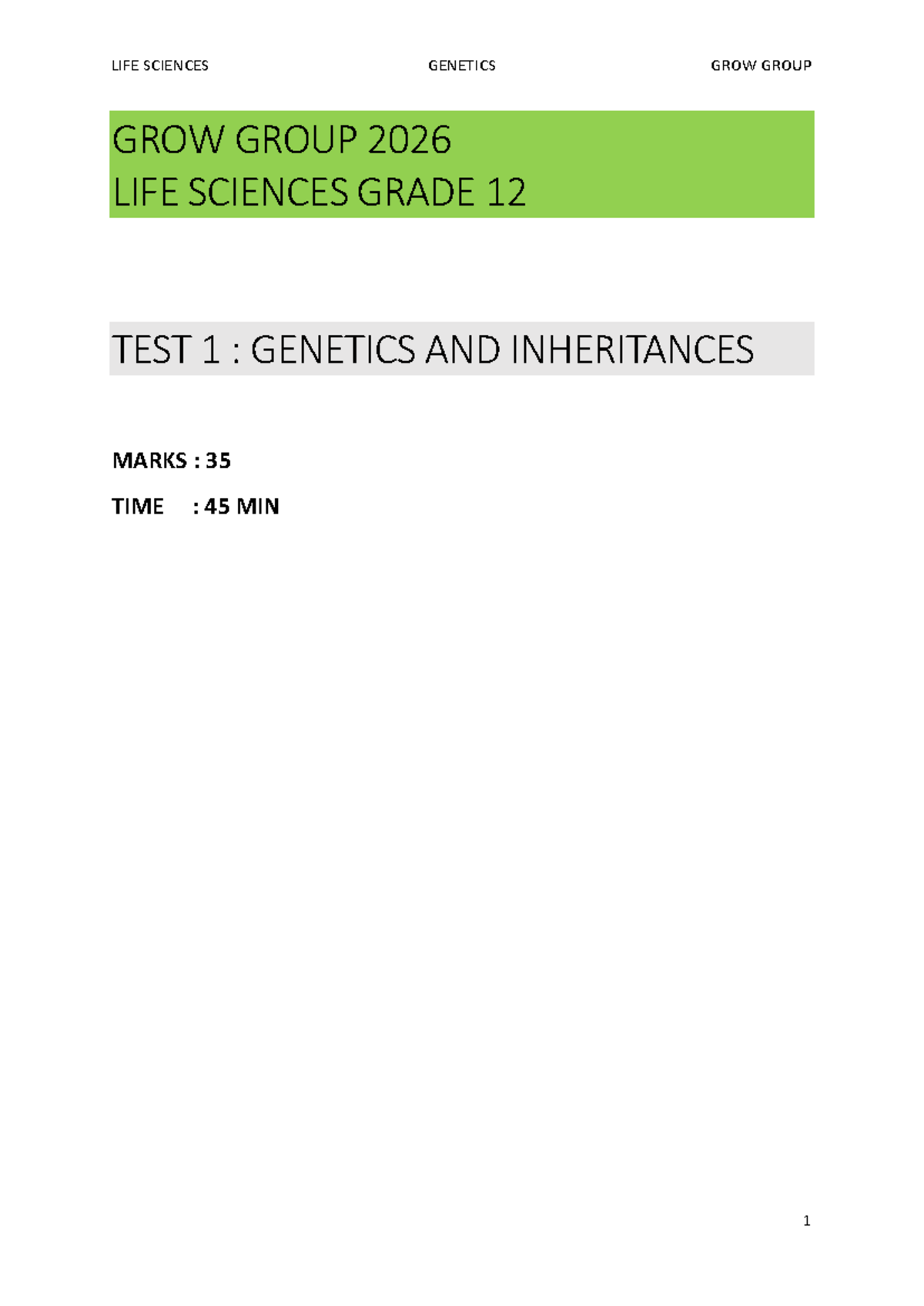 LIFE SCIENCES GRADE 12 TEST 1: GENETICS & INHERITANCE 2026 - Studocu