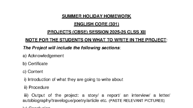 English Core (301) Summer Holiday Project Guidelines for Class XII ...