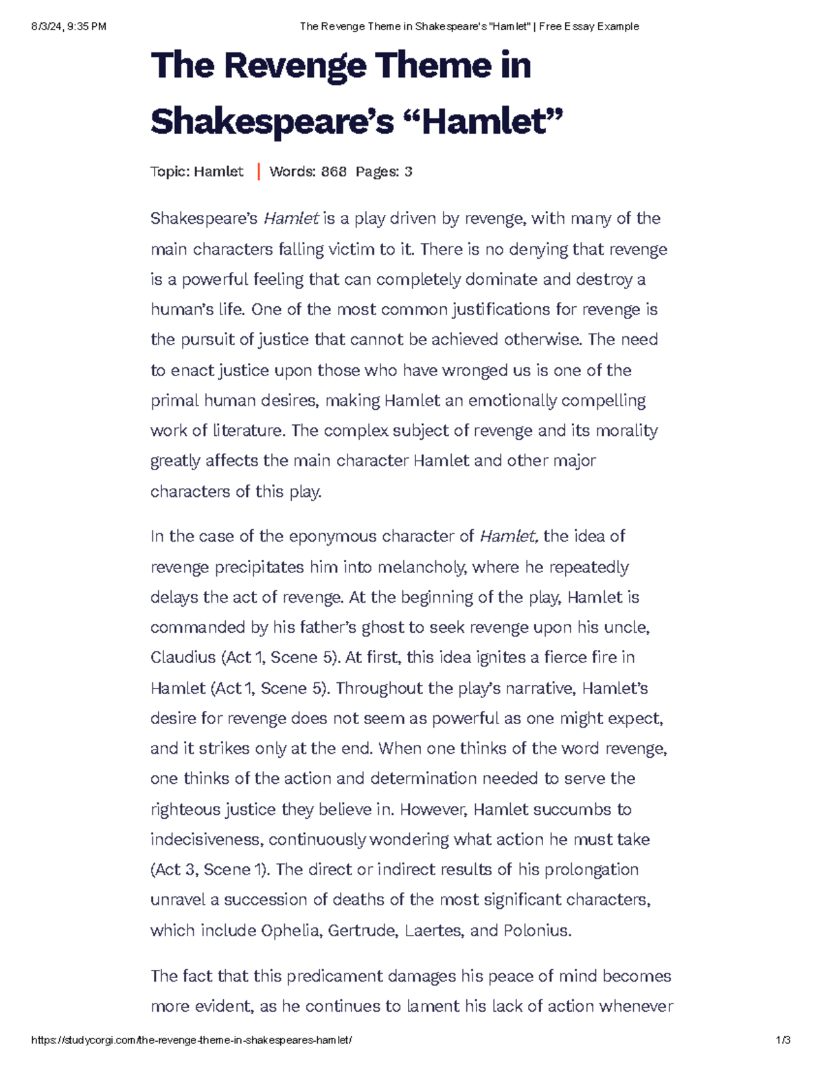 The Revenge Theme in Shakespeare's Hamlet: An Analytical Essay - Studocu