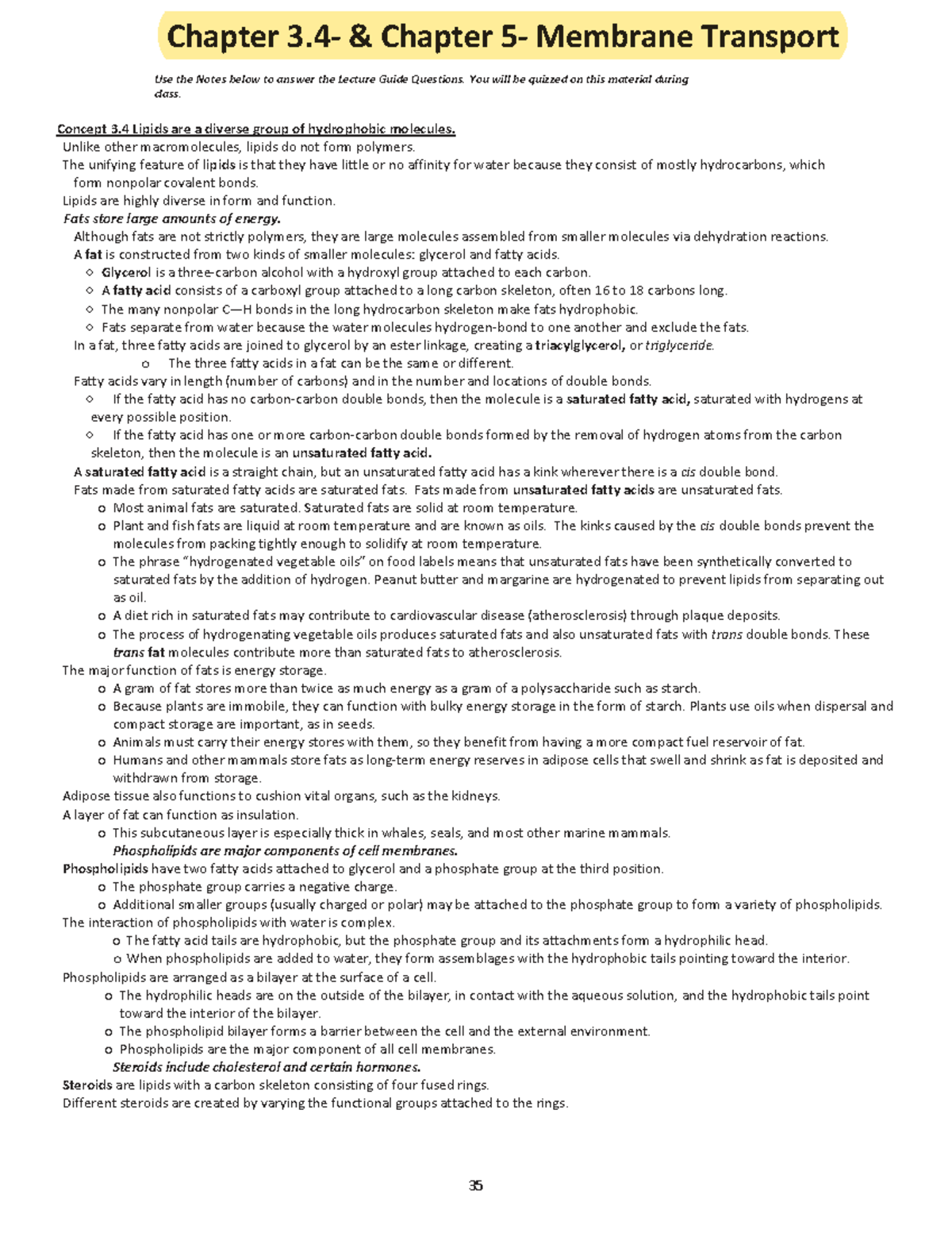 CH 5 - Membrane Transport Concepts and Lipid Diversity Notes - Studocu