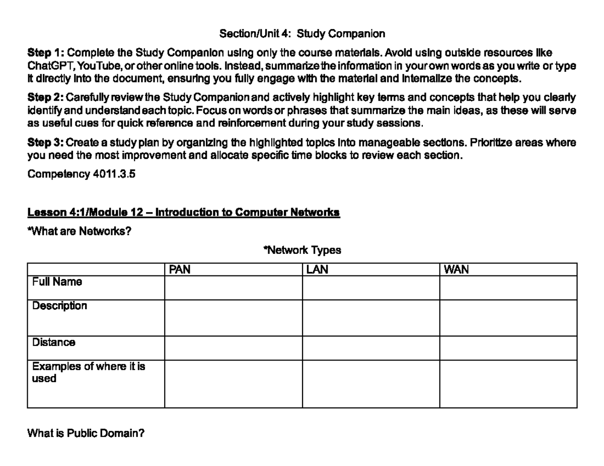 Unit 4: Study Companion - Lesson 12 on Computer Networks (4011.3.5 ...