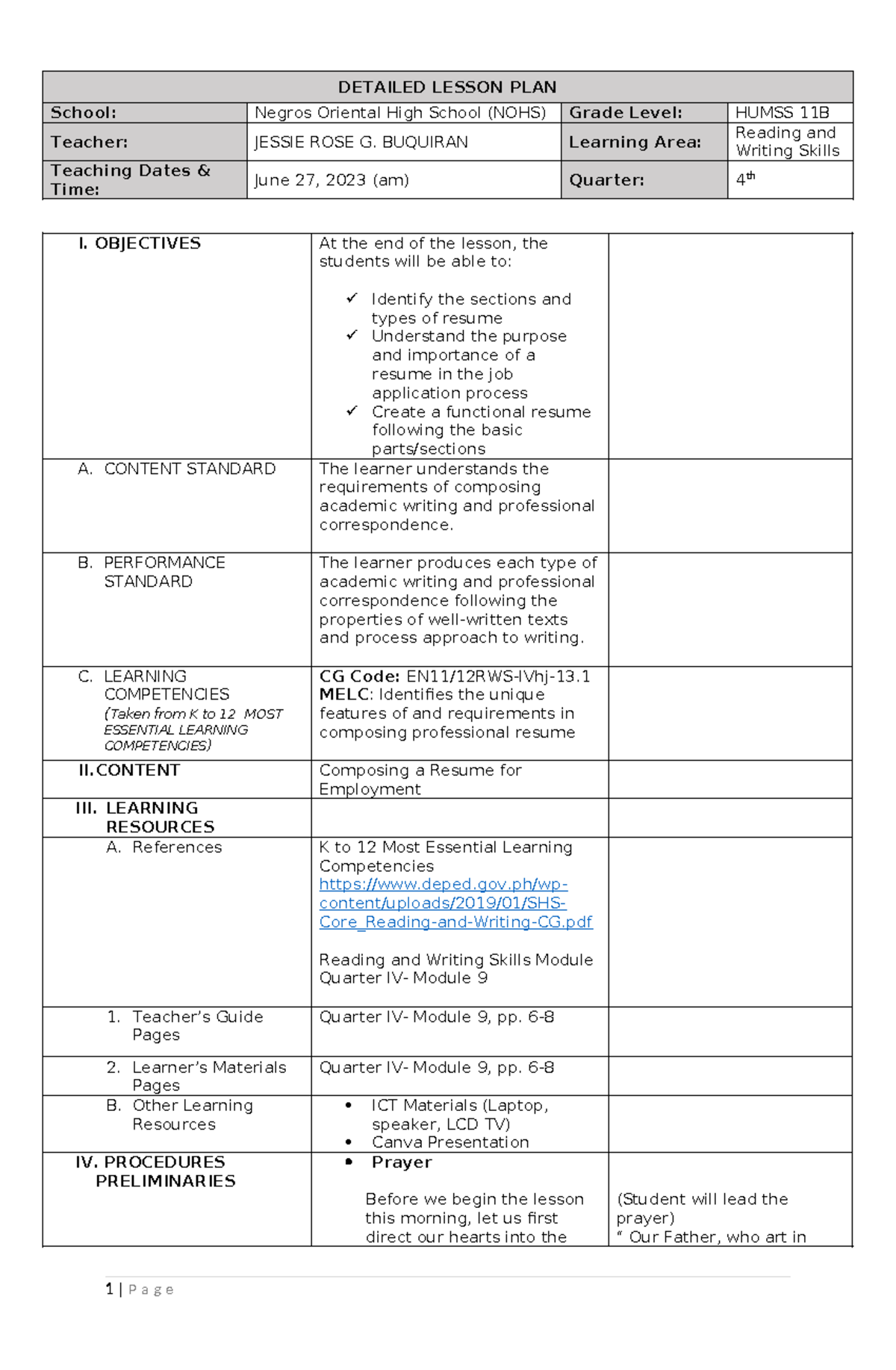 EAPP Lesson Plan: Composing Effective Resumes for Job Applications ...