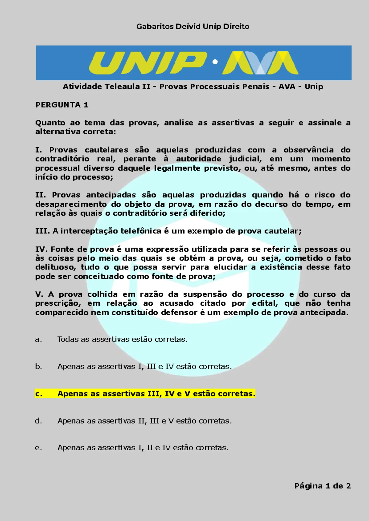 Respostas e Análises do Questionário - Provas Processuais Penais D31C ...