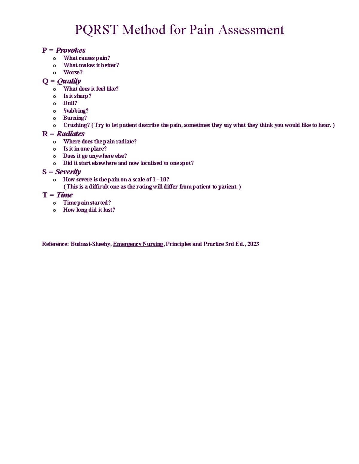 PQRST Method for Pain Assessment in Emergency Nursing - Studocu