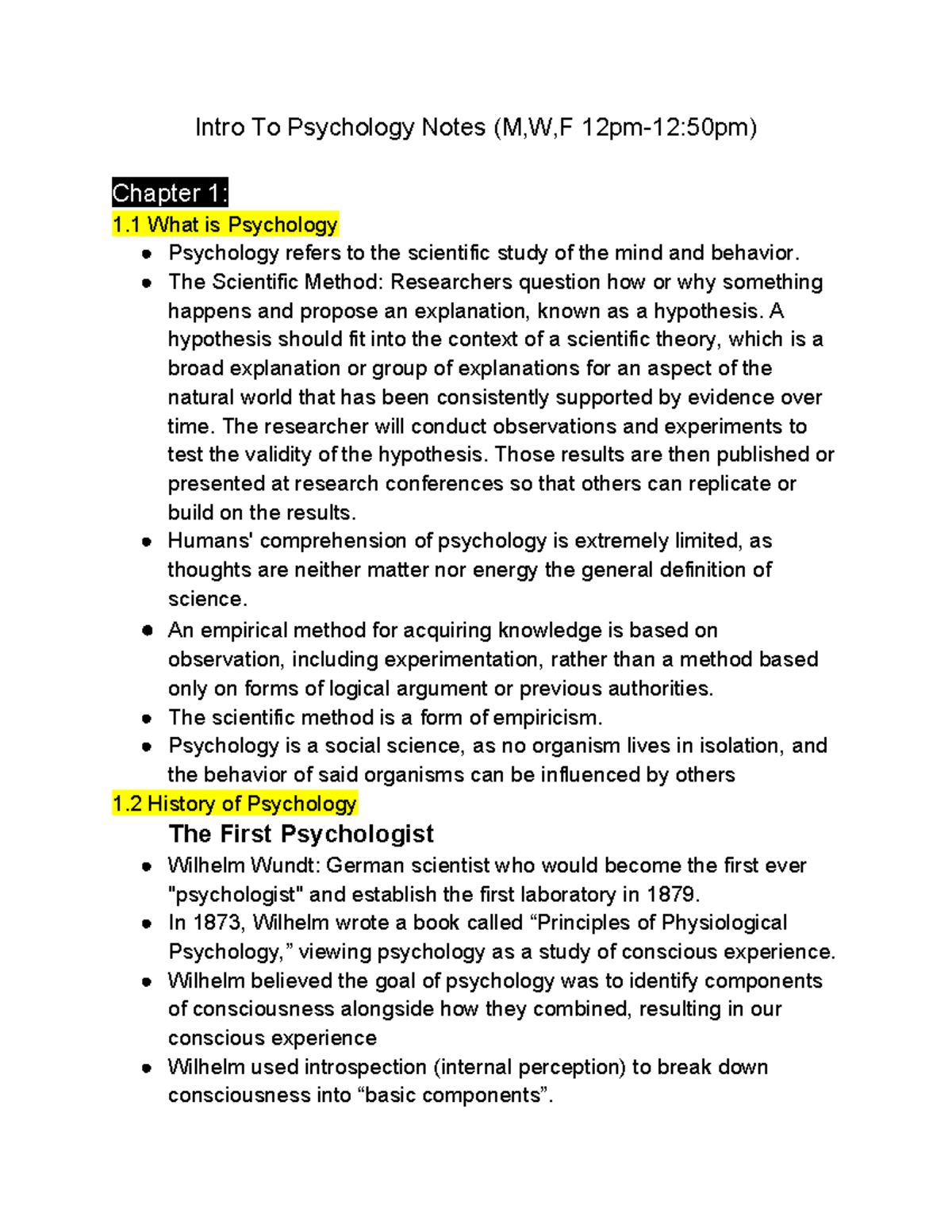 Intro to Psychology Notes (M,W,F) - Chapter 1 Overview and Key Theories ...