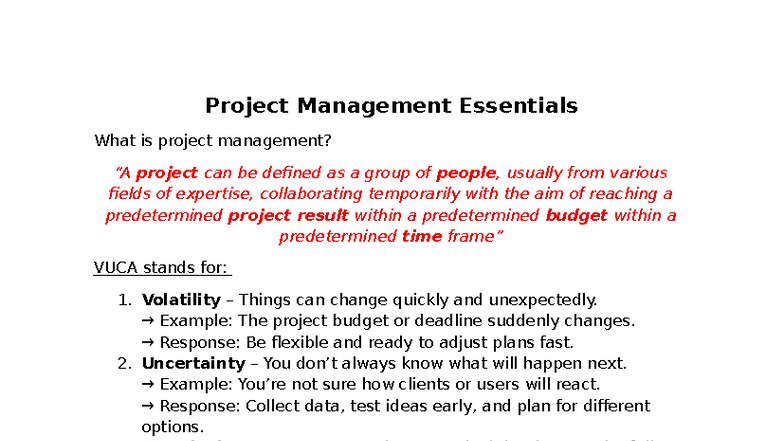 Project Management Essentials: Key Concepts and VUCA Overview - Studocu