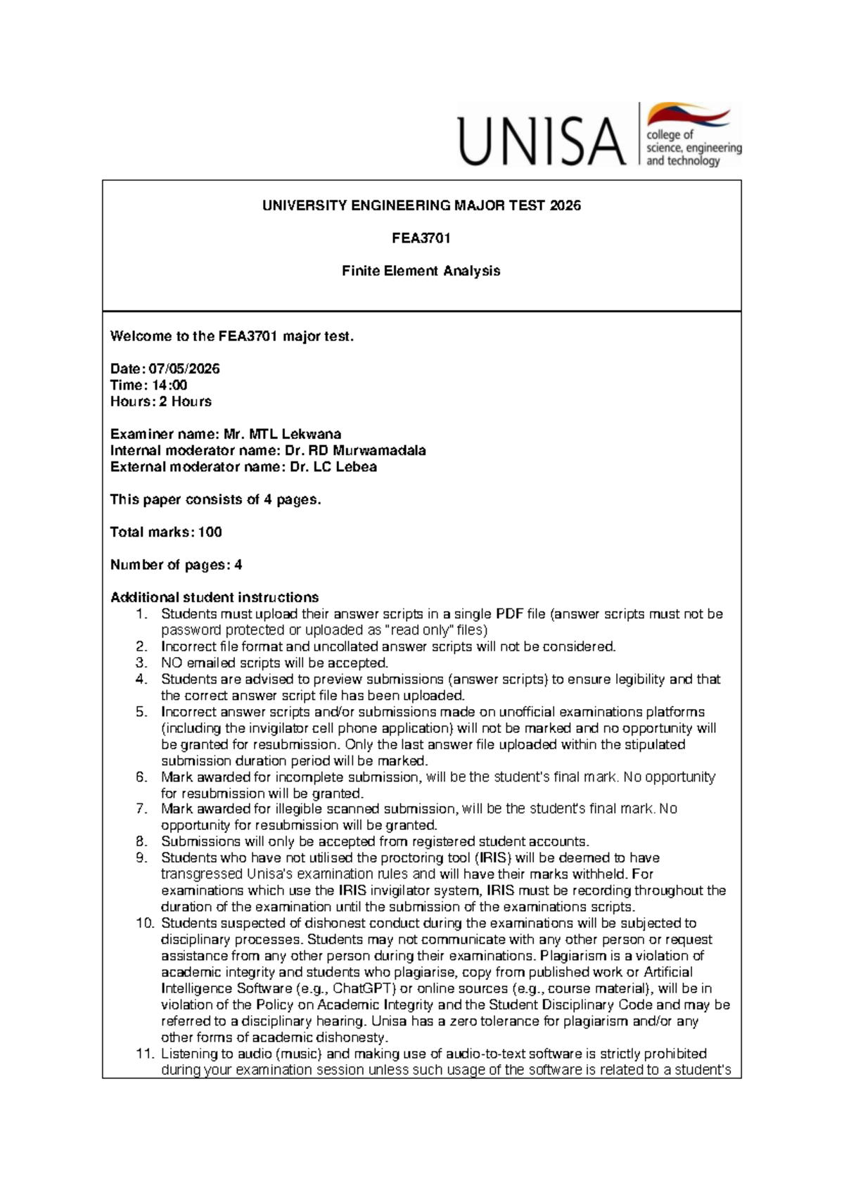 FEA3701 2026 Major Test: Finite Element Analysis Instructions - Studocu
