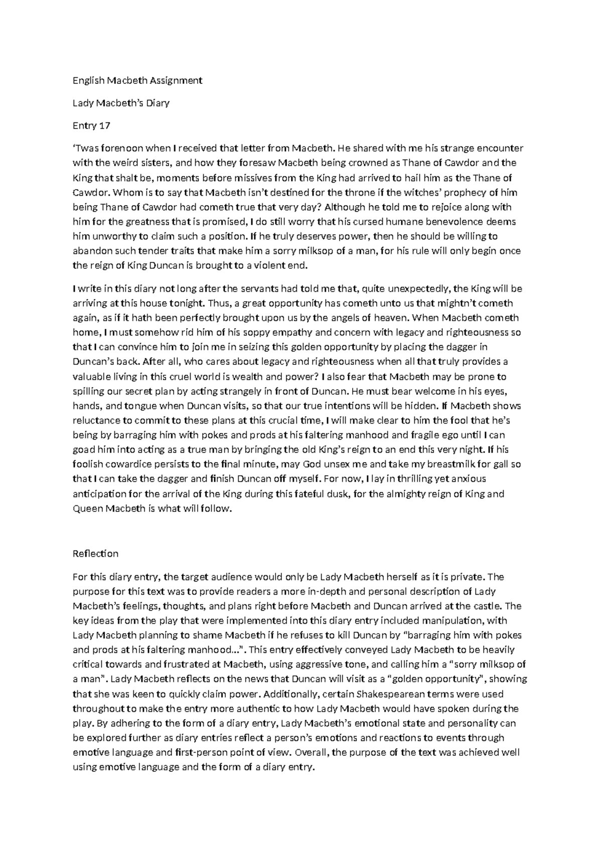 ENG 101: Lady Macbeth's Diary Entry 17 Analysis and Reflection - Studocu