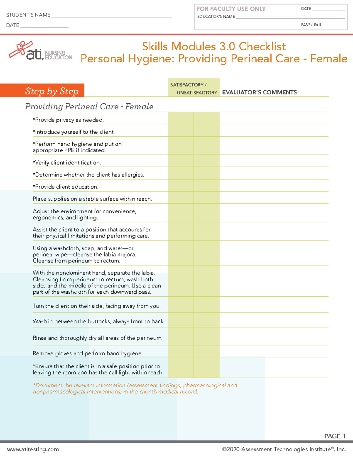 NURSING EDUCATION IL: Skills Checklist for Female Perineal Care - Studocu