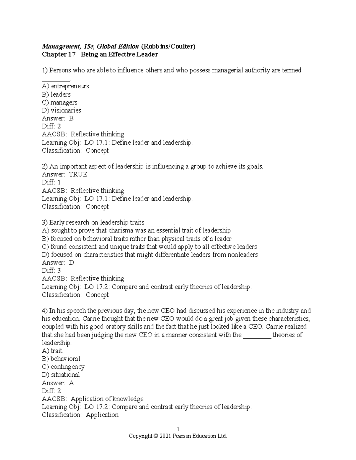 CH 17 - Leadership Concepts & Theories Test Bank - Studocu