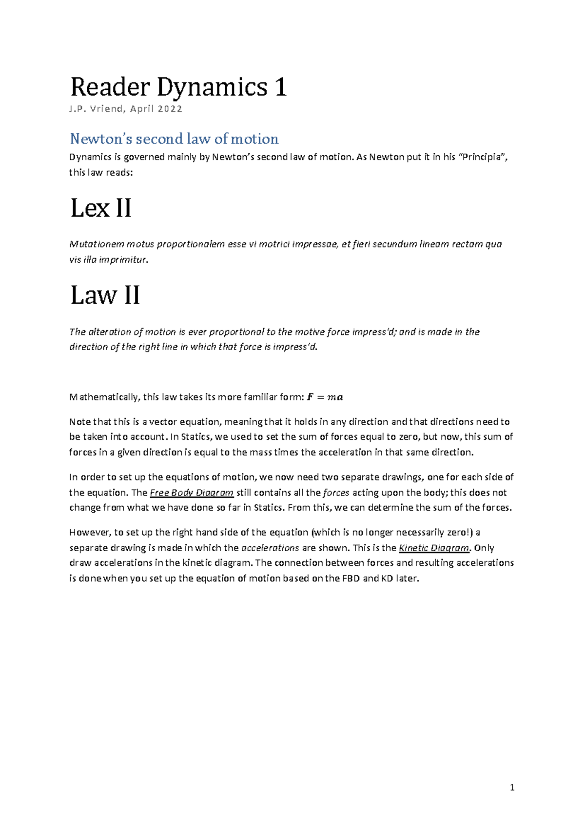 Reader Dynamics 1 2022 - Dit is een readear die het vak dynamica ...