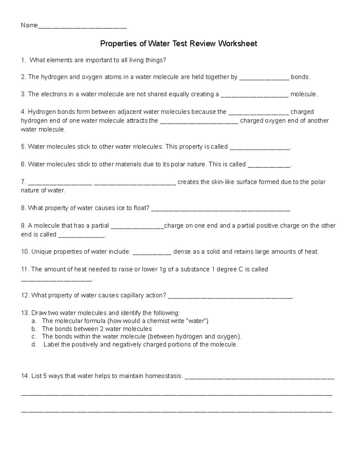 Properties of Water Test Review Worksheet - Name ...