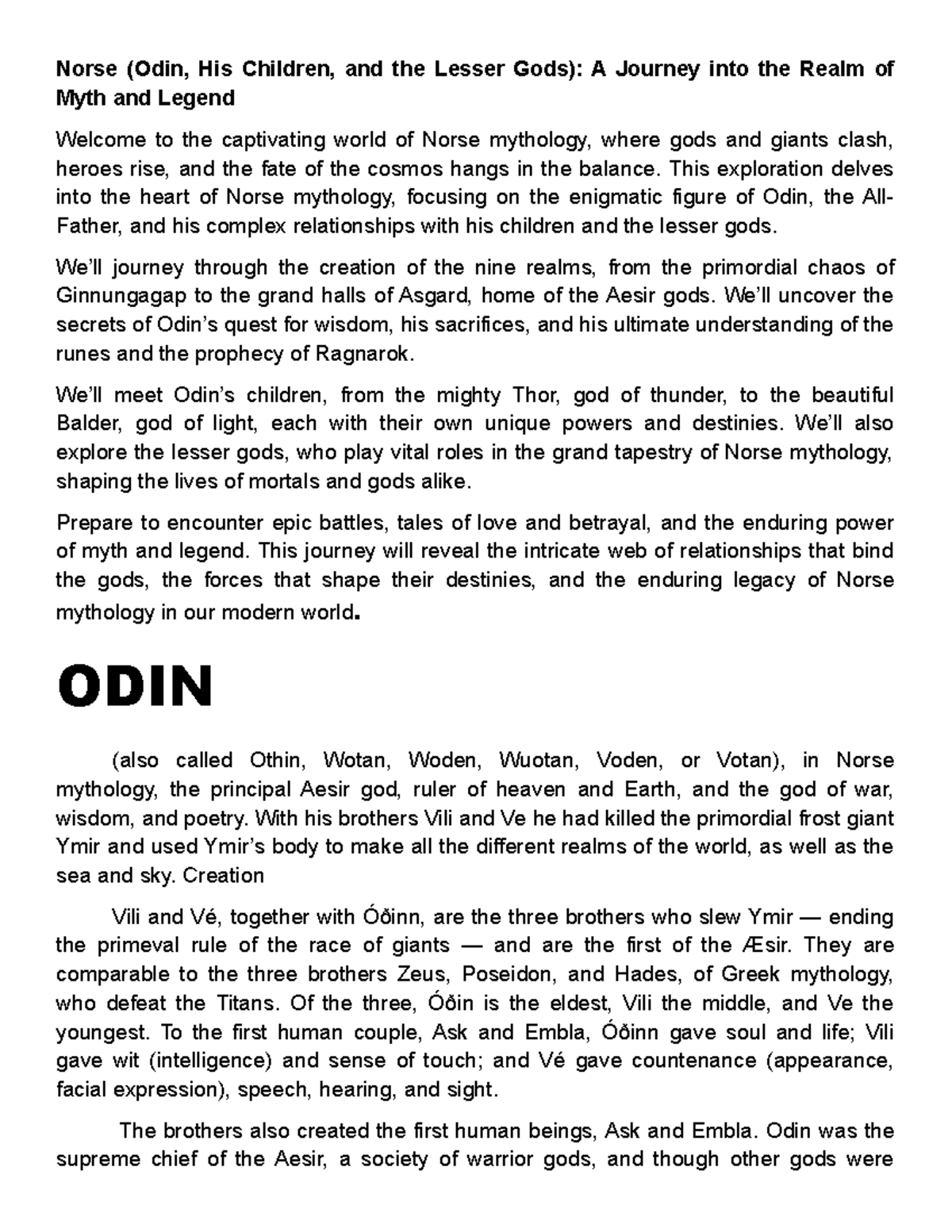 Norse Mythology Report: Odin, His Children & Lesser Gods (Course Code ...