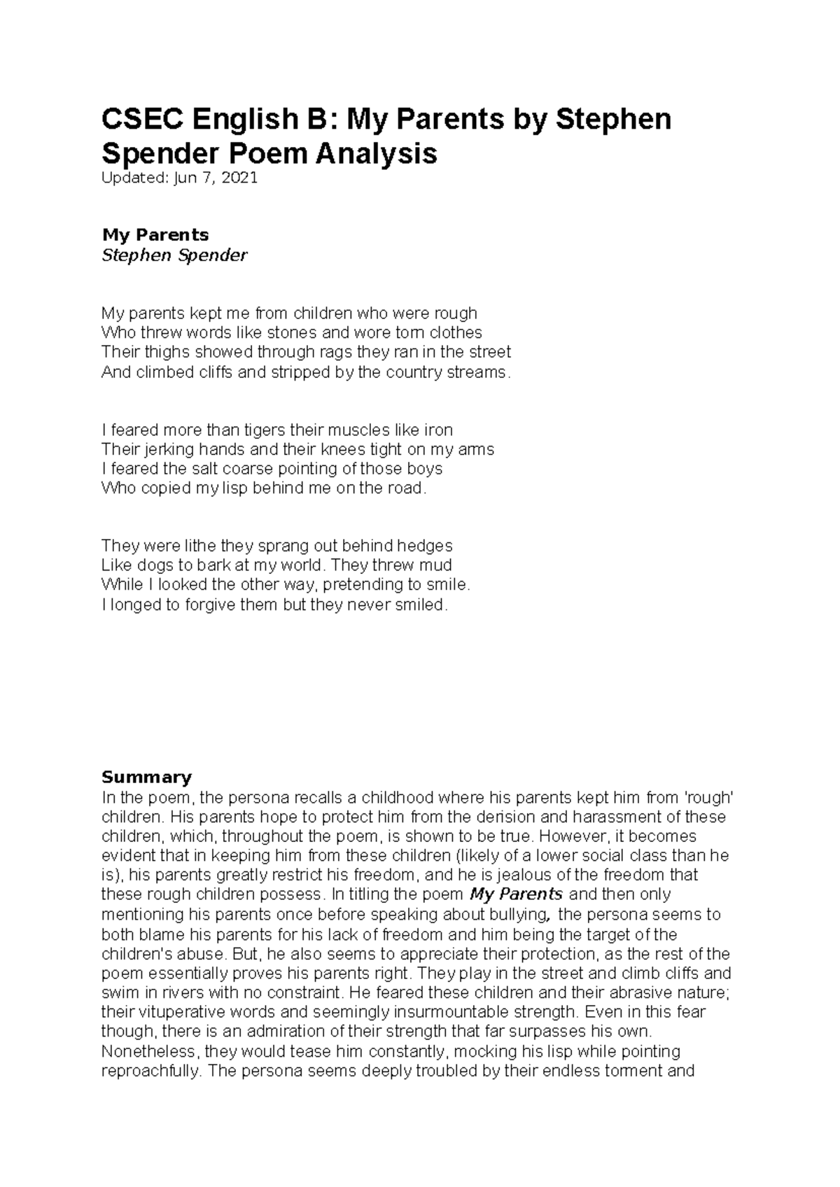 CSEC English B Final Exam Analysis of "My Parents" Poem - Studocu