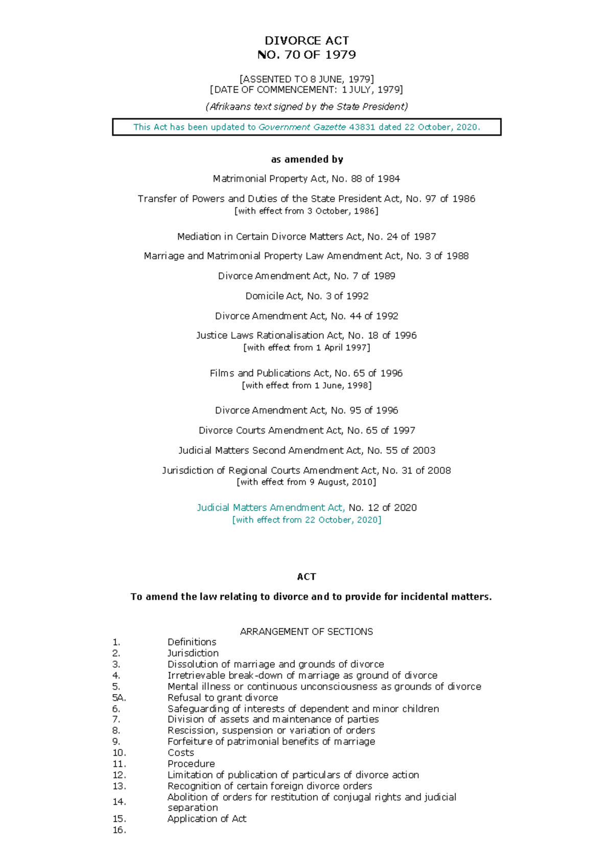 Divorce Act No. 70 of 1979: Updated to 2020 Amendments - Studocu