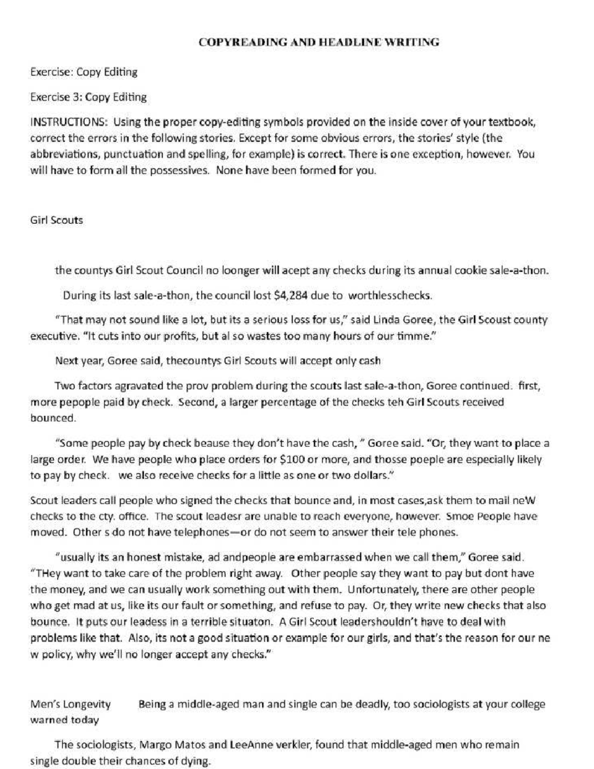 Copyreading and Headline Writing: Exercise 3 - Copy Editing - Studocu