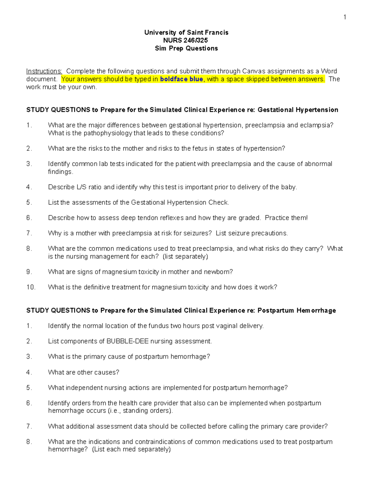 Simulation Prep Questions - 1 University of Saint Francis Sim Prep ...