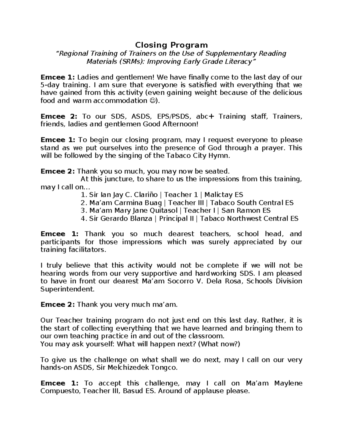 Closing Program Script: Regional Training of Trainers on SRMs - Studocu