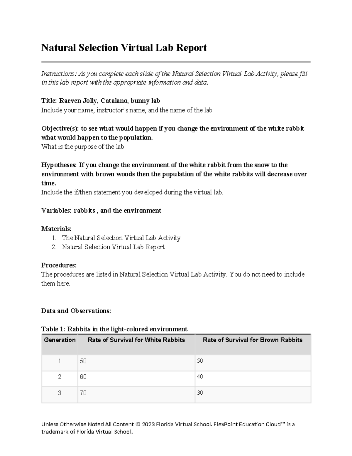 05 02 natural selection lab report - Natural Selection Virtual Lab ...