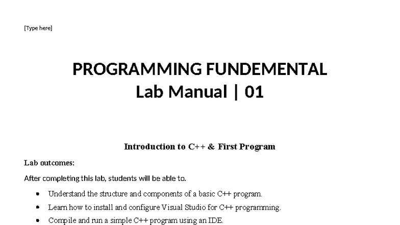 PF Programming Fundamentals Lab Manual: Intro to First Program - Studocu