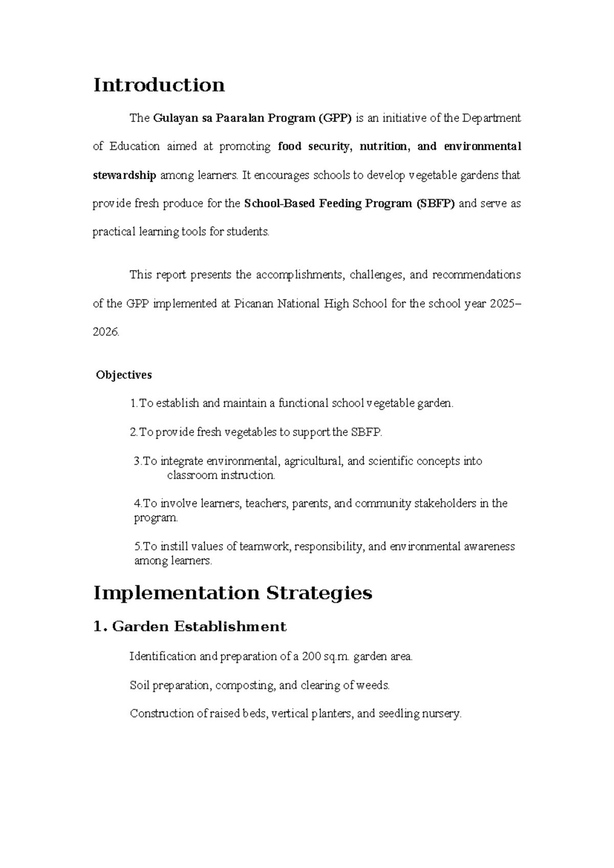 Gulayan sa Paaralan Program Report (GPP) - Picanan National HS 2026 ...