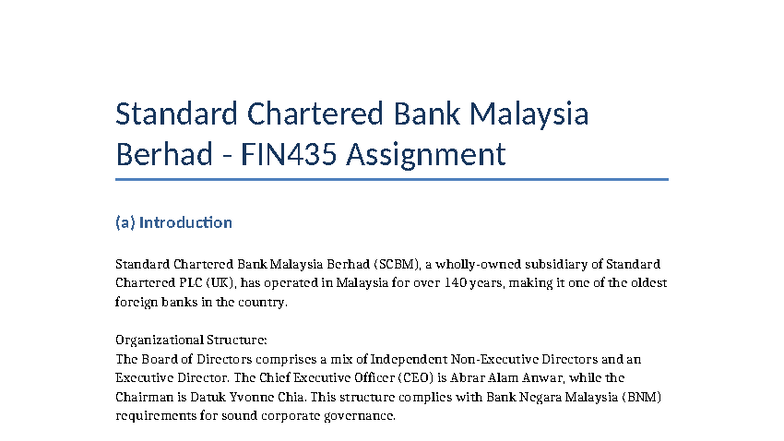 FIN435 Standard Chartered Bank Malaysia Assignment Overview - Studocu