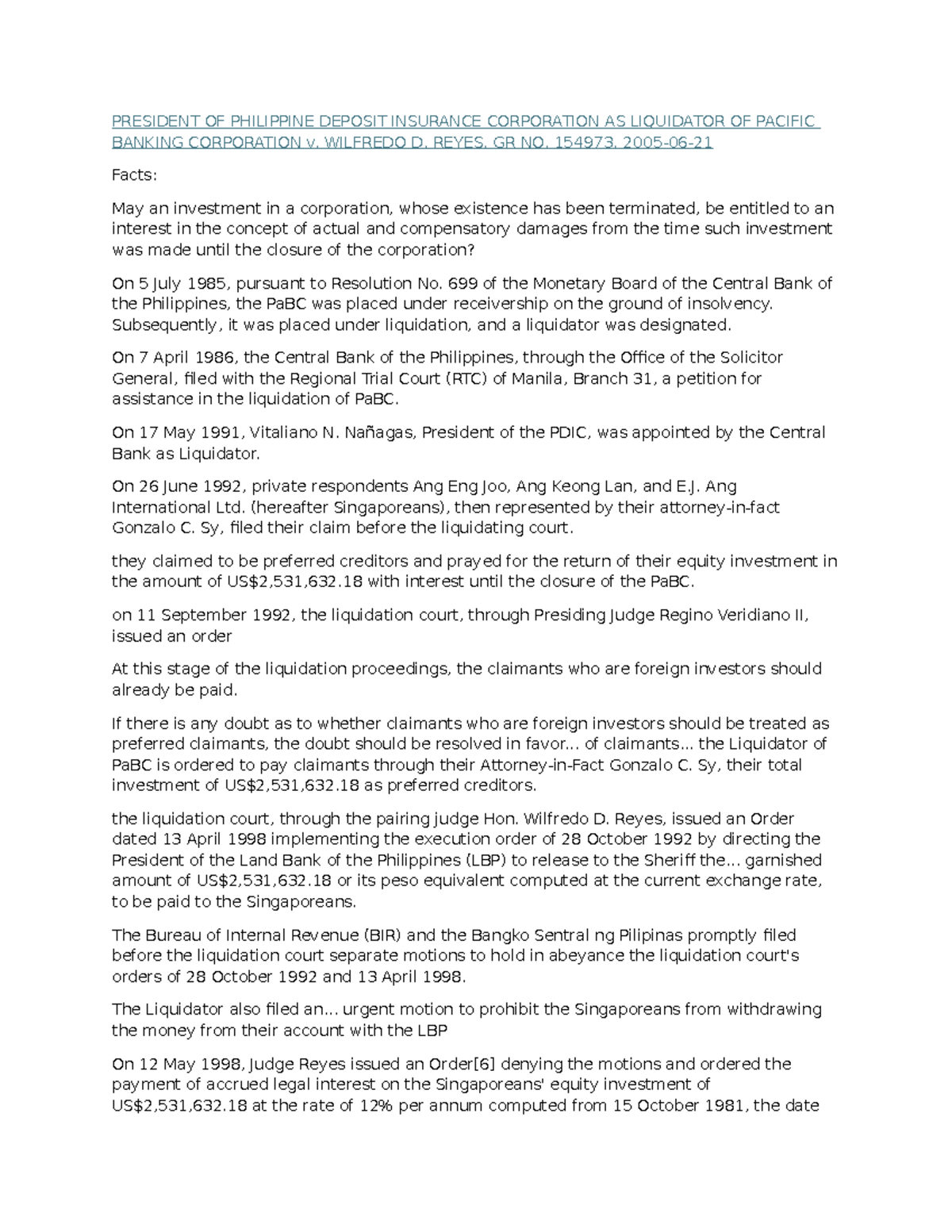 Case Study: President of PDIC v. Reyes - Liquidation Proceedings ...