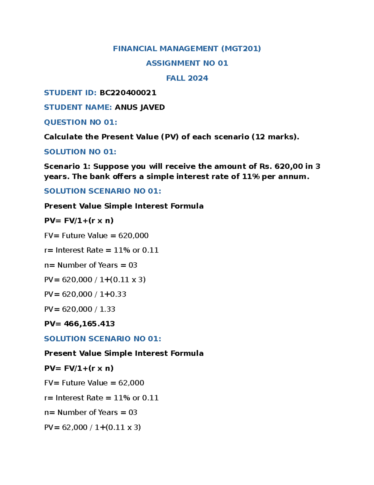 MGT201 Assignment 01 Solutions on Present Value Calculations - Studocu