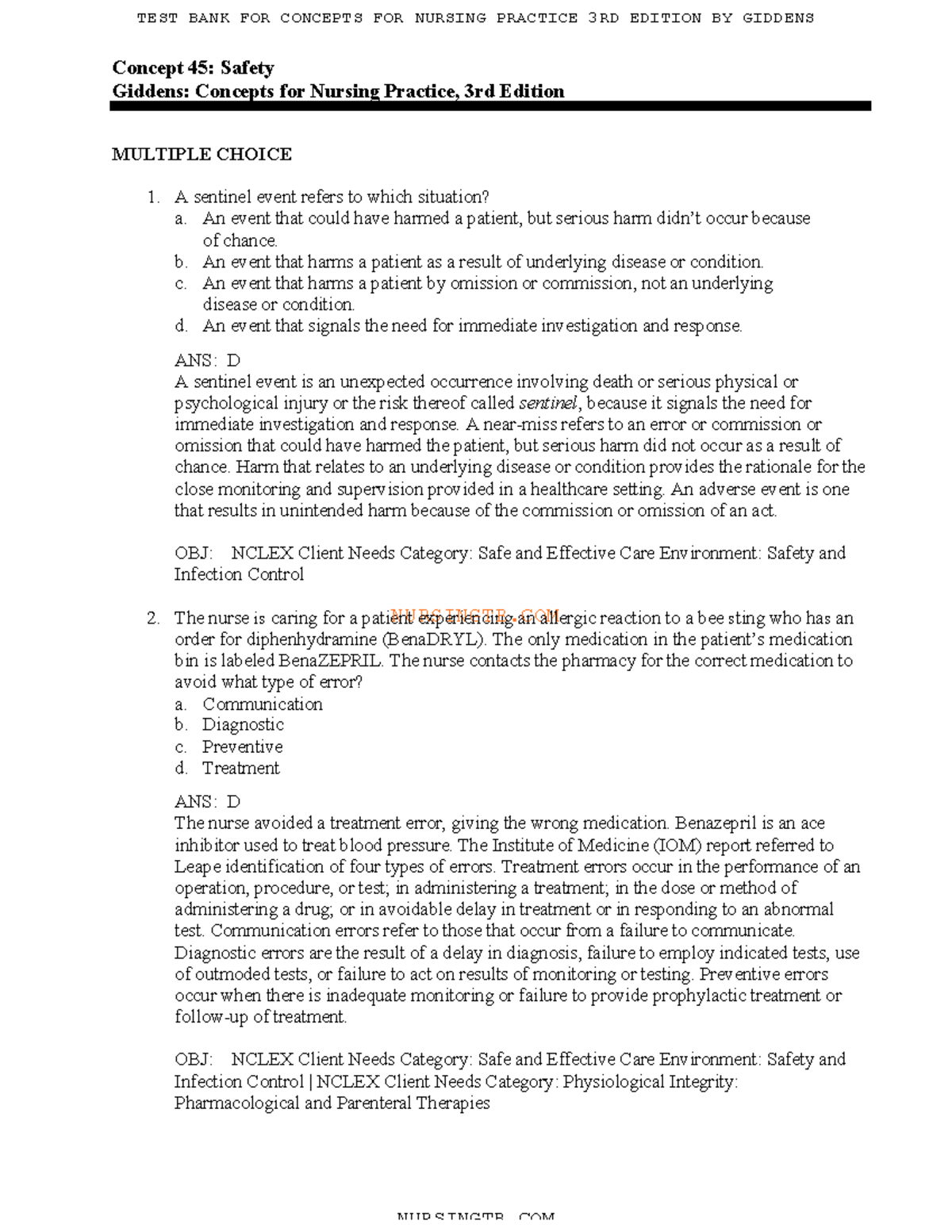 Concept 45 - Safety: Key Insights from Giddens' Nursing Text TB - Studocu
