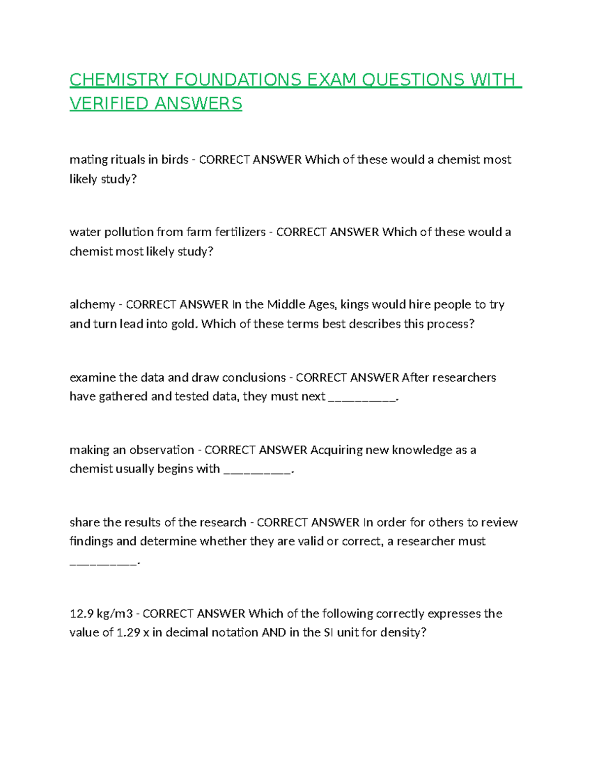 CHEM 101: Foundations Exam Questions with Verified Answers - Studocu