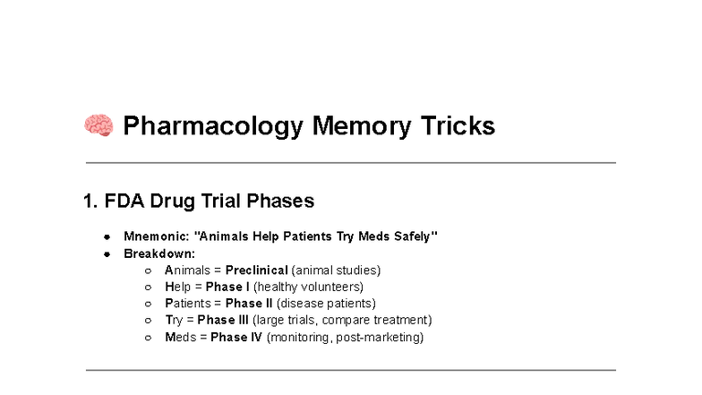 Pharmacology Mnemonics & Memory Tricks for FDA Drug Trials - Studocu