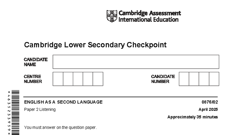 Cambridge Lower Secondary Checkpoint ESL Paper 2 Listening - Apr 2025 ...