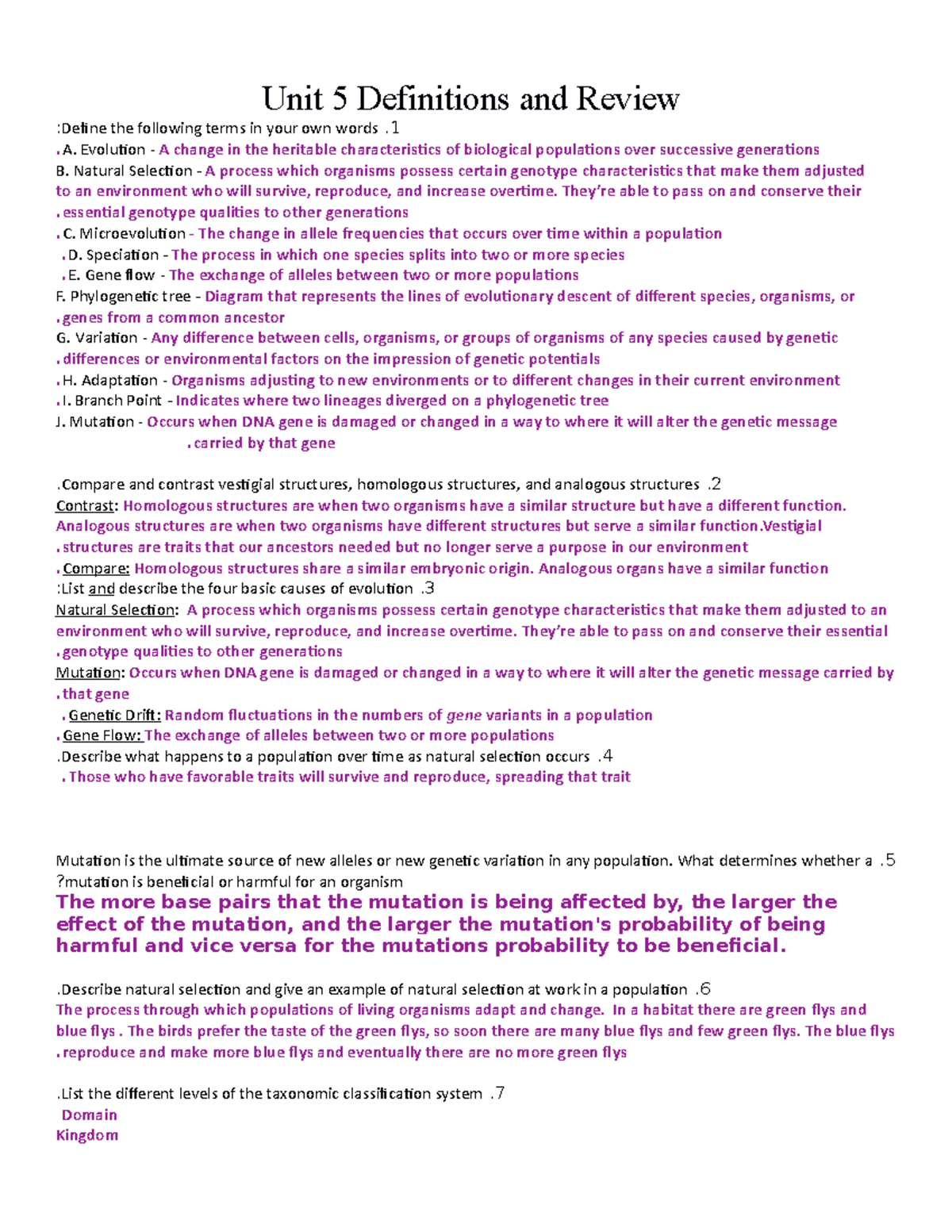 Unit 5 Definitions & Review: Key Terms & Concepts in Evolution - Studocu