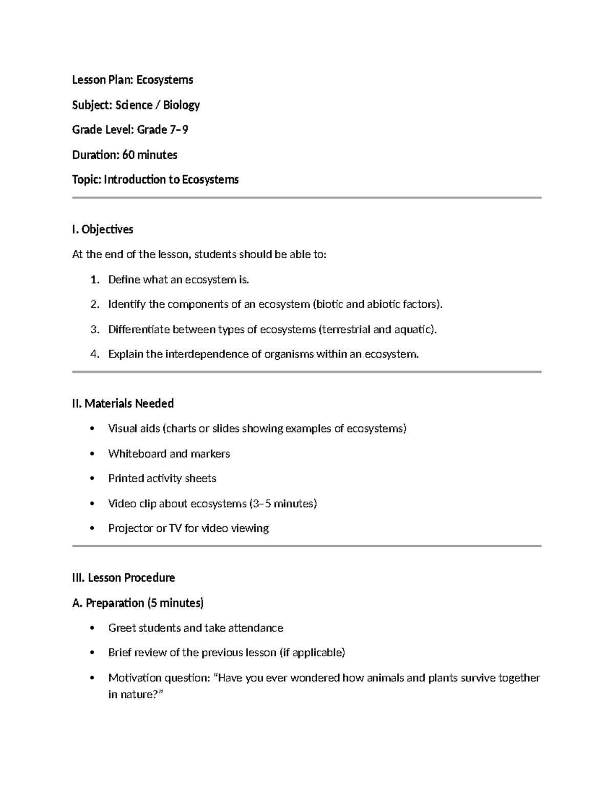 Ecosystem Lesson Plan: Introduction to Ecosystems for Science Class ...