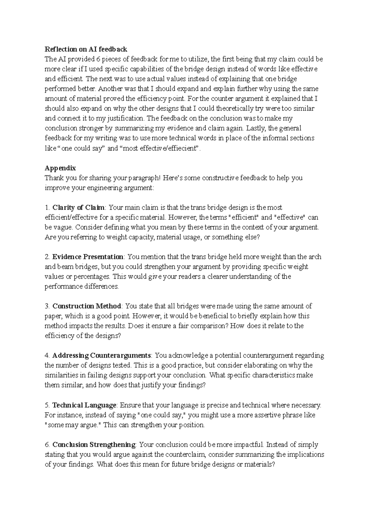 Reflection on AI Feedback for Engineering Design (ENG 101) - Studocu