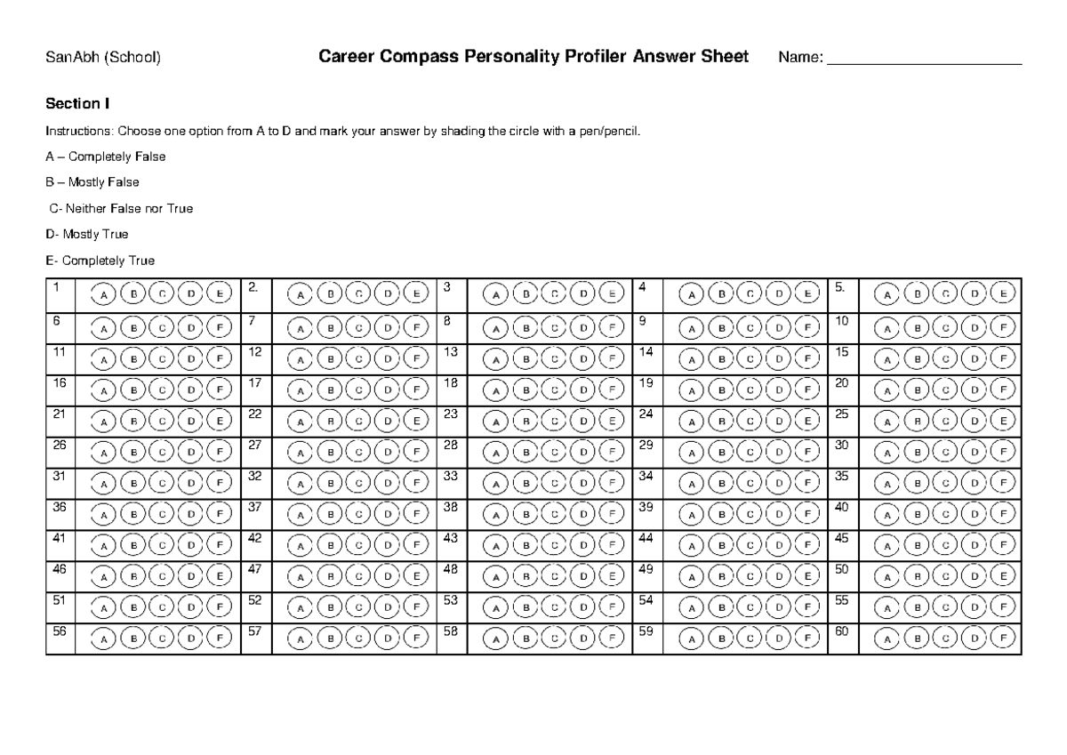 Career Compass Test 3 - Answer Sheet - SanAbh (School) Career Compass ...