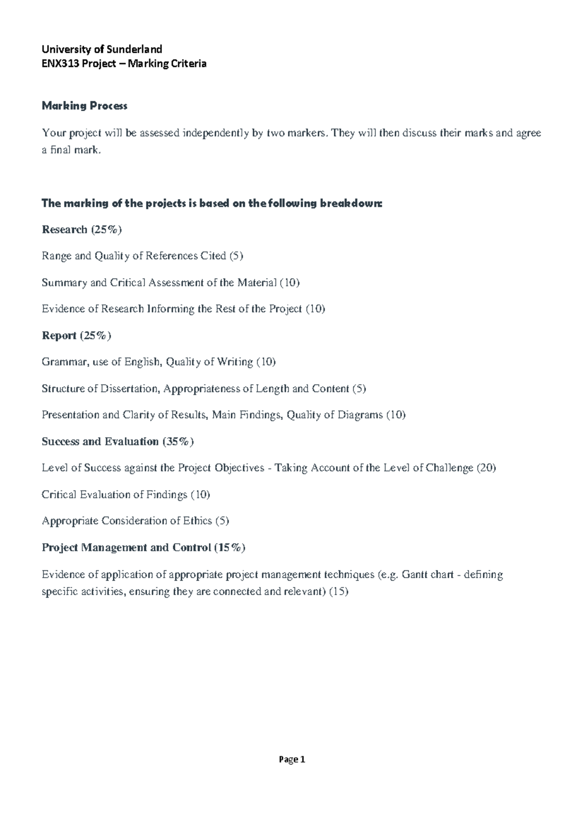 ENX313 Project Marking Criteria Overview and Assessment Breakdown - Studocu